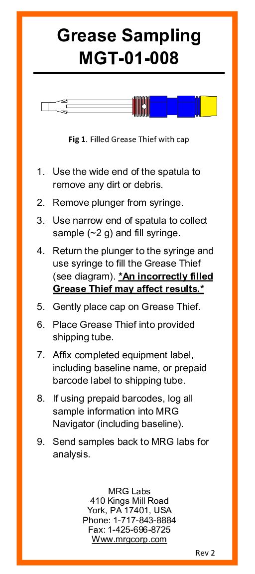 Grease Sampling MGT-01-008 Instruction Card - GREASE THIEF